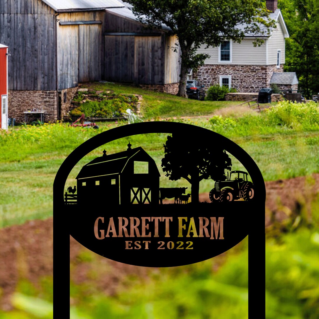 Custom Oval Tractor and Wagon Farm Scene Sign, Personalized Ranch Metal ...