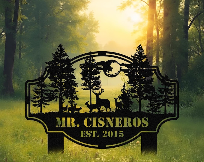 Custom Deer Forest Metal Sign, Personalized Deer Family Name Sign, Farm ...