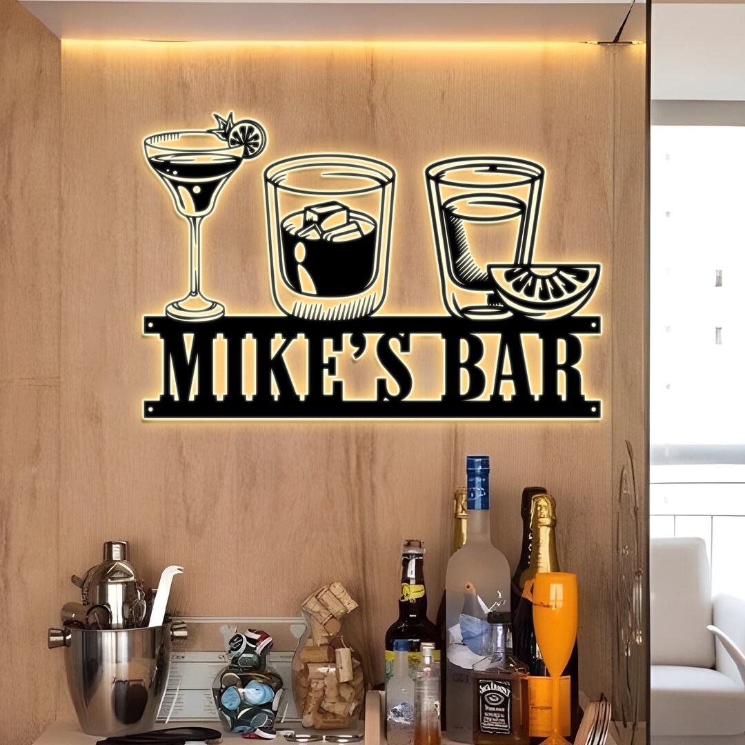 Personalized Bar LED Metal Art Sign, Custom Light up Bar Metal Sign ...