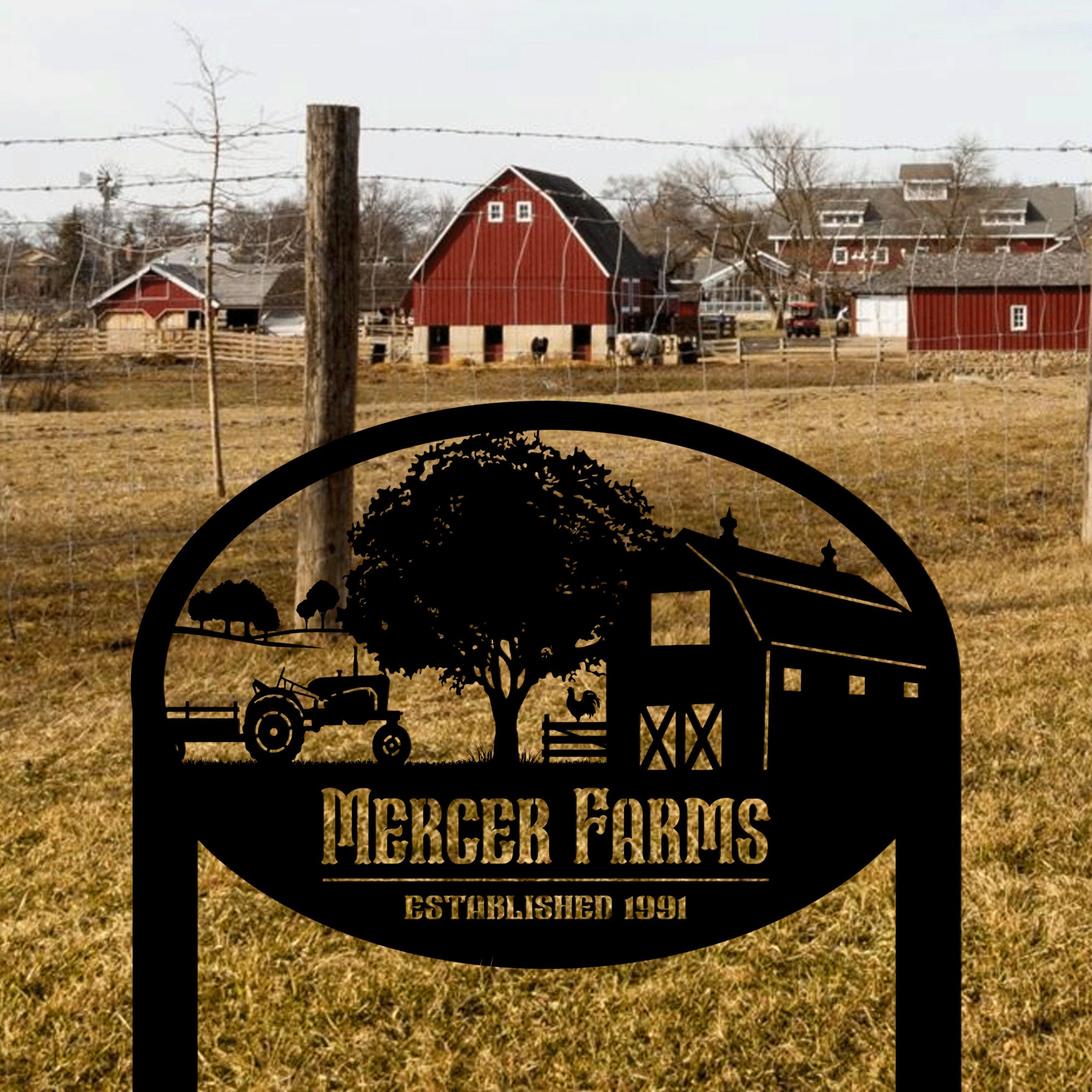 Personalized Oval Tractor and Wagon Farm Scene Sign, Custom Ranch Metal ...