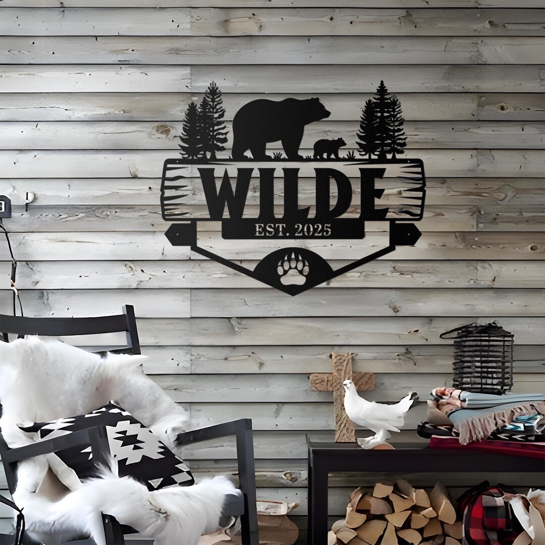 Wilderness Bear Cabin Sign, Mountain Decor Personalized Metal Bear Sign ...