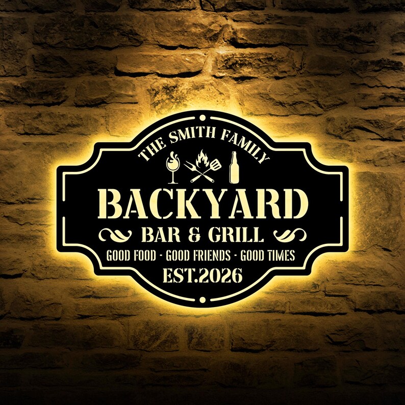 Personalized Backyard Bar & Grill Metal Sign – Custom Family Name ...