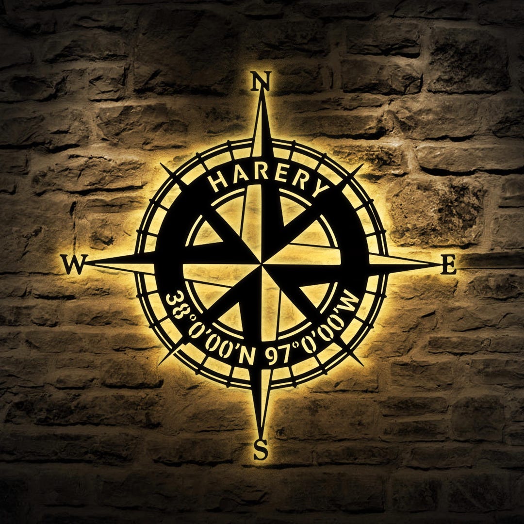 Custom GPS Anchor Compass Metal Wall Art LED Light Personalized ...