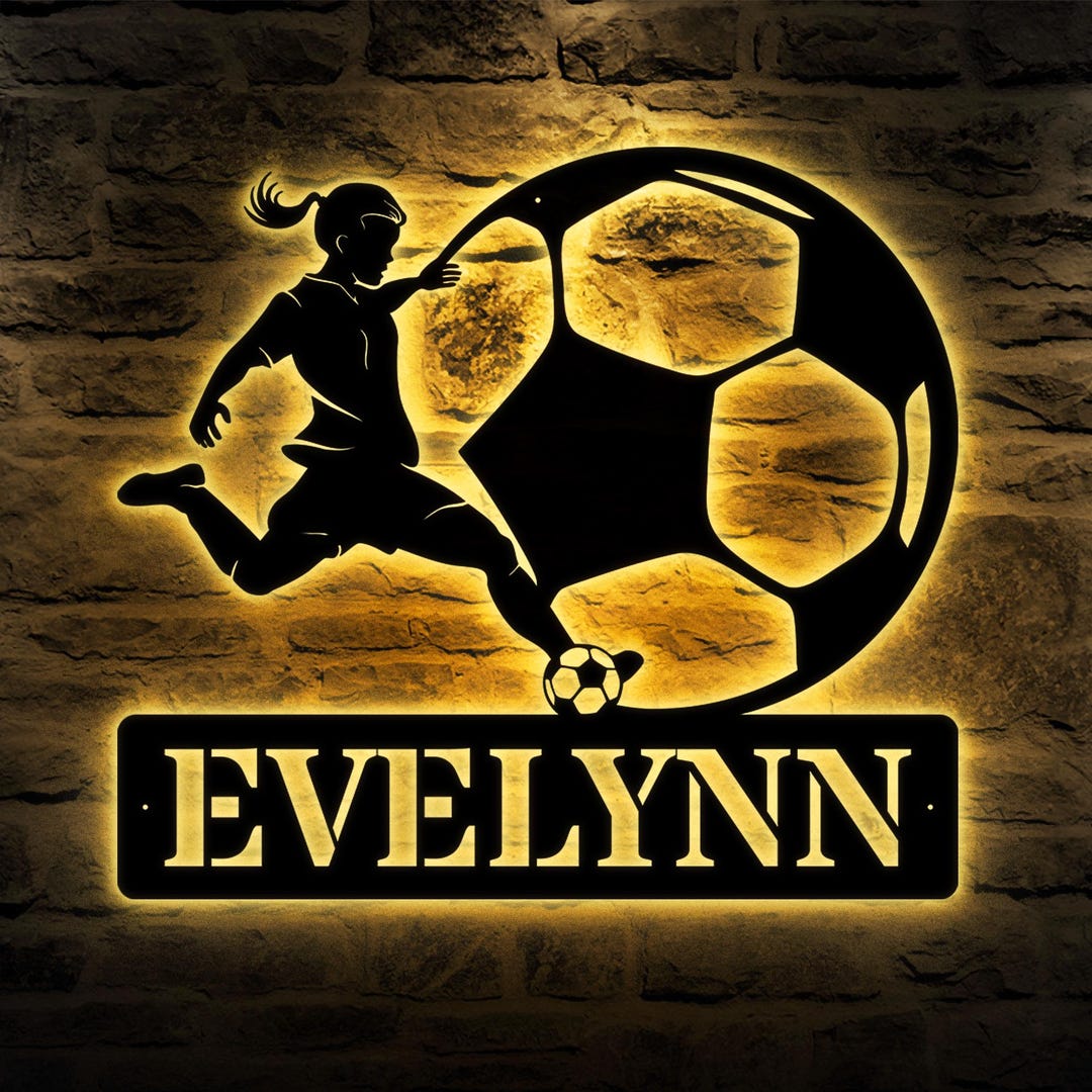 Custom Female Soccer Metal Sign With LED Lights, Custom Football Player ...