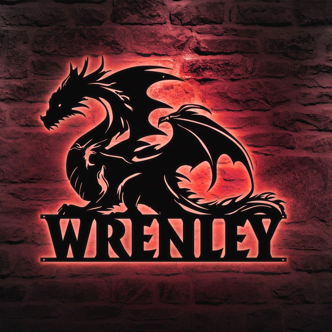 Custom Dragon Metal Wall Art LED Light Custom Name Dragon Metal Sign ...