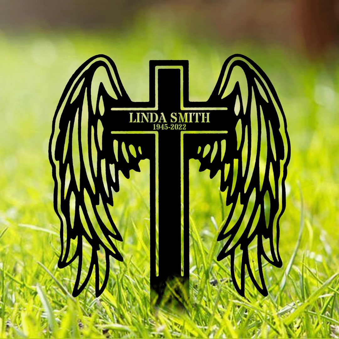 Custom Angel Wings Cross Custom Name Metal Yard Stake, Memorial Cross ...