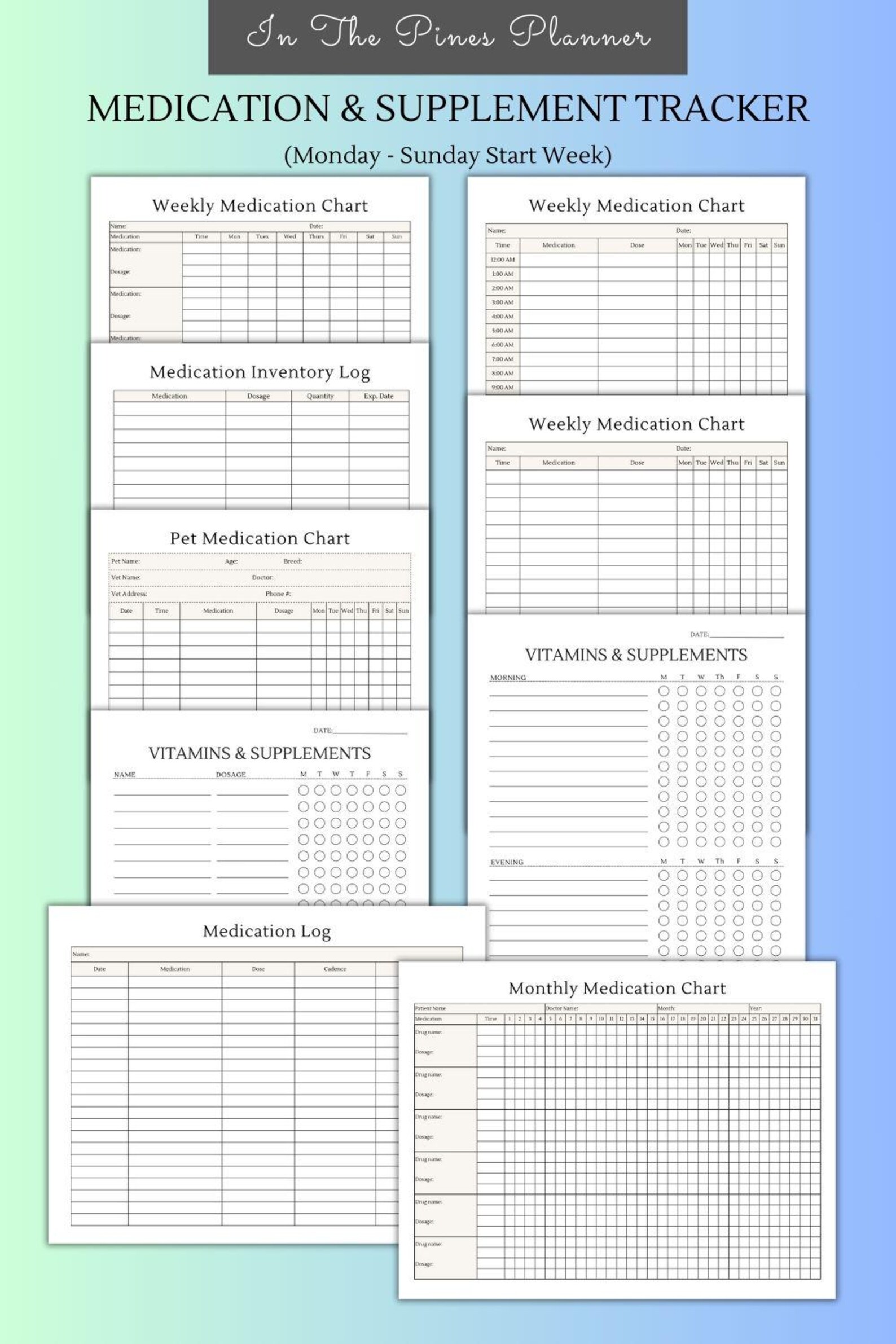 Medication and Vitamin Organizer Template Multiple Chart Formats for ...