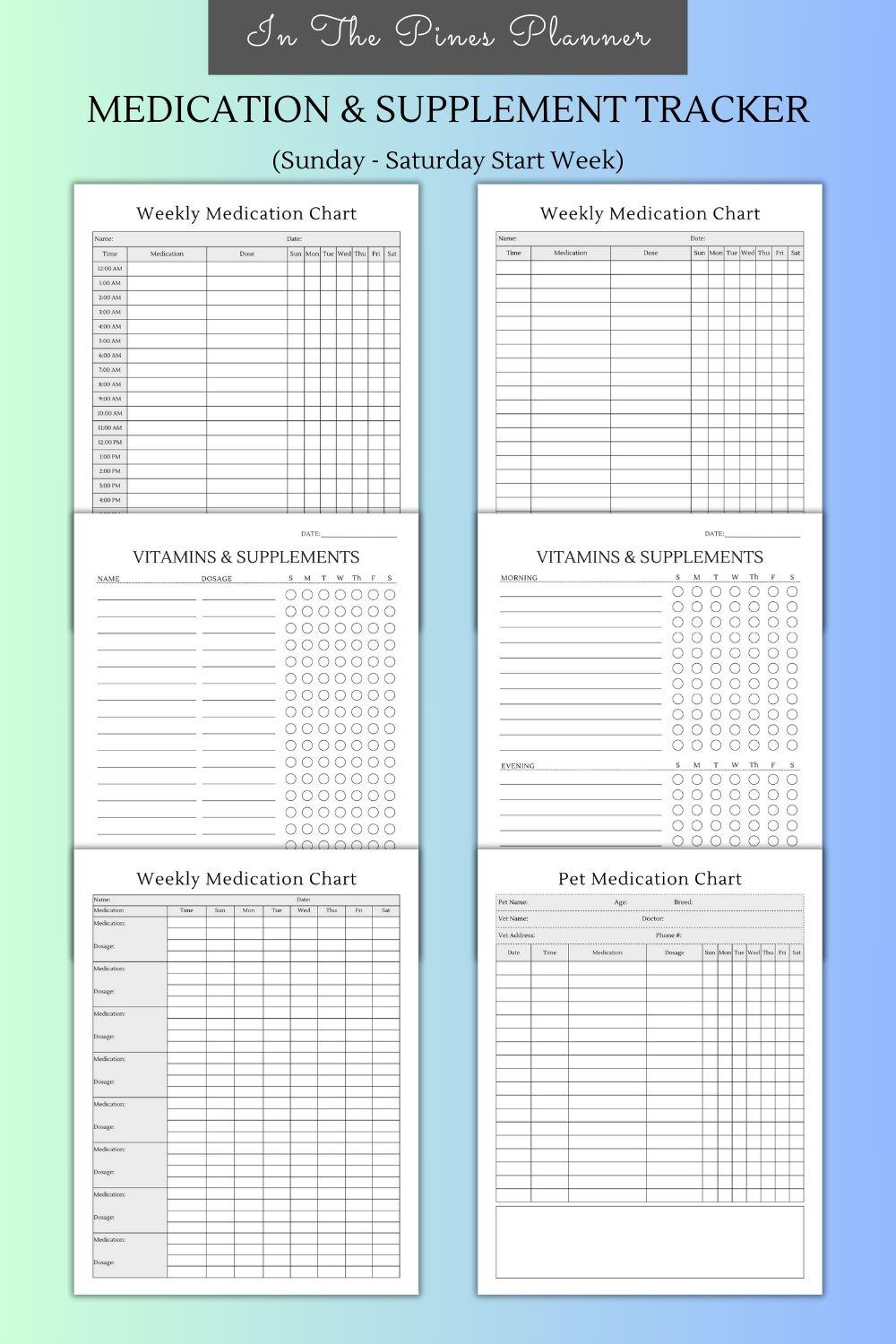 Medication and Vitamin Organizer Template Multiple Chart Formats for ...