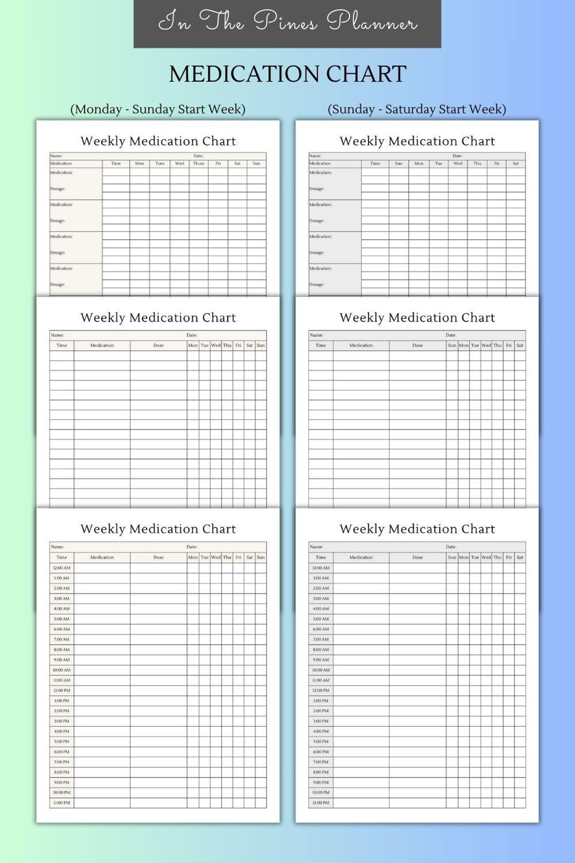 Medication and Vitamin Organizer Template Multiple Chart Formats for ...