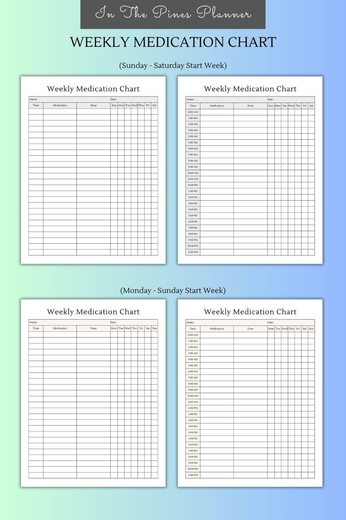 Medication and Vitamin Organizer Template Multiple Chart Formats for ...