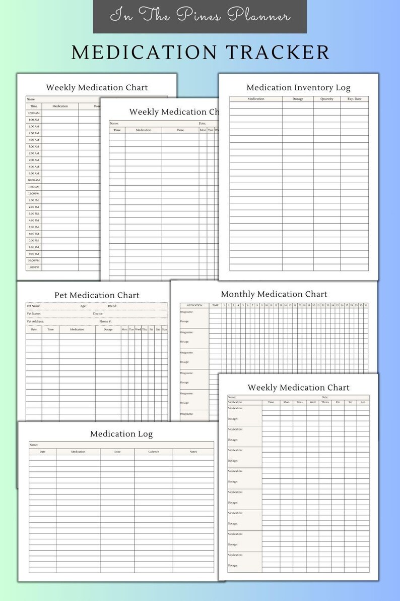 Medication and Vitamin Organizer Template Multiple Chart Formats for ...