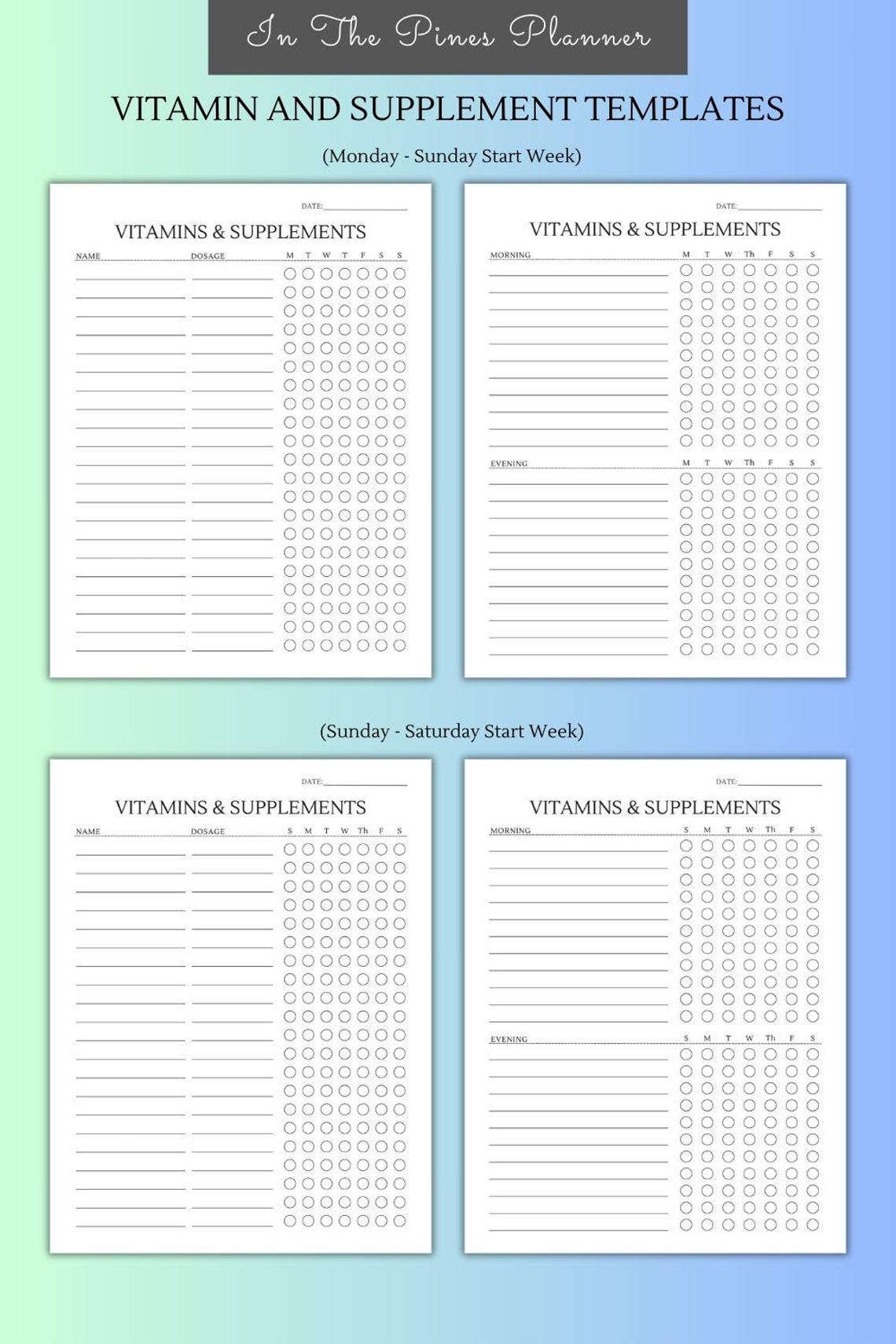 Medication and Vitamin Organizer Template Multiple Chart Formats for ...
