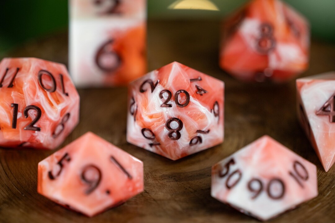 Handmade Set of 7 Dnd Dice, Peaches and Cream, Rose Gold Ink. - Etsy