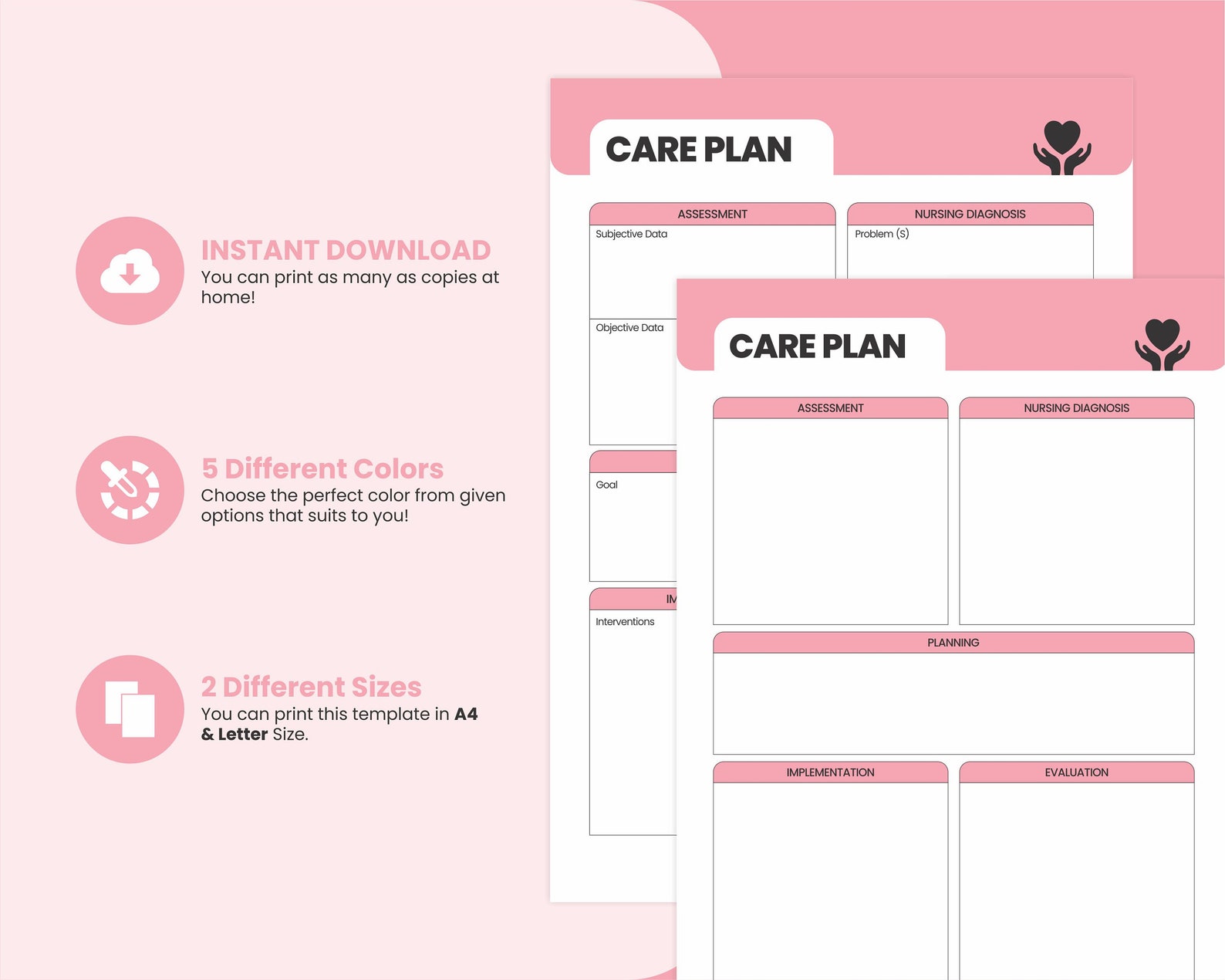 Printable Nursing Care Plan Template, A4 & Letter Size, 5 Colors ...