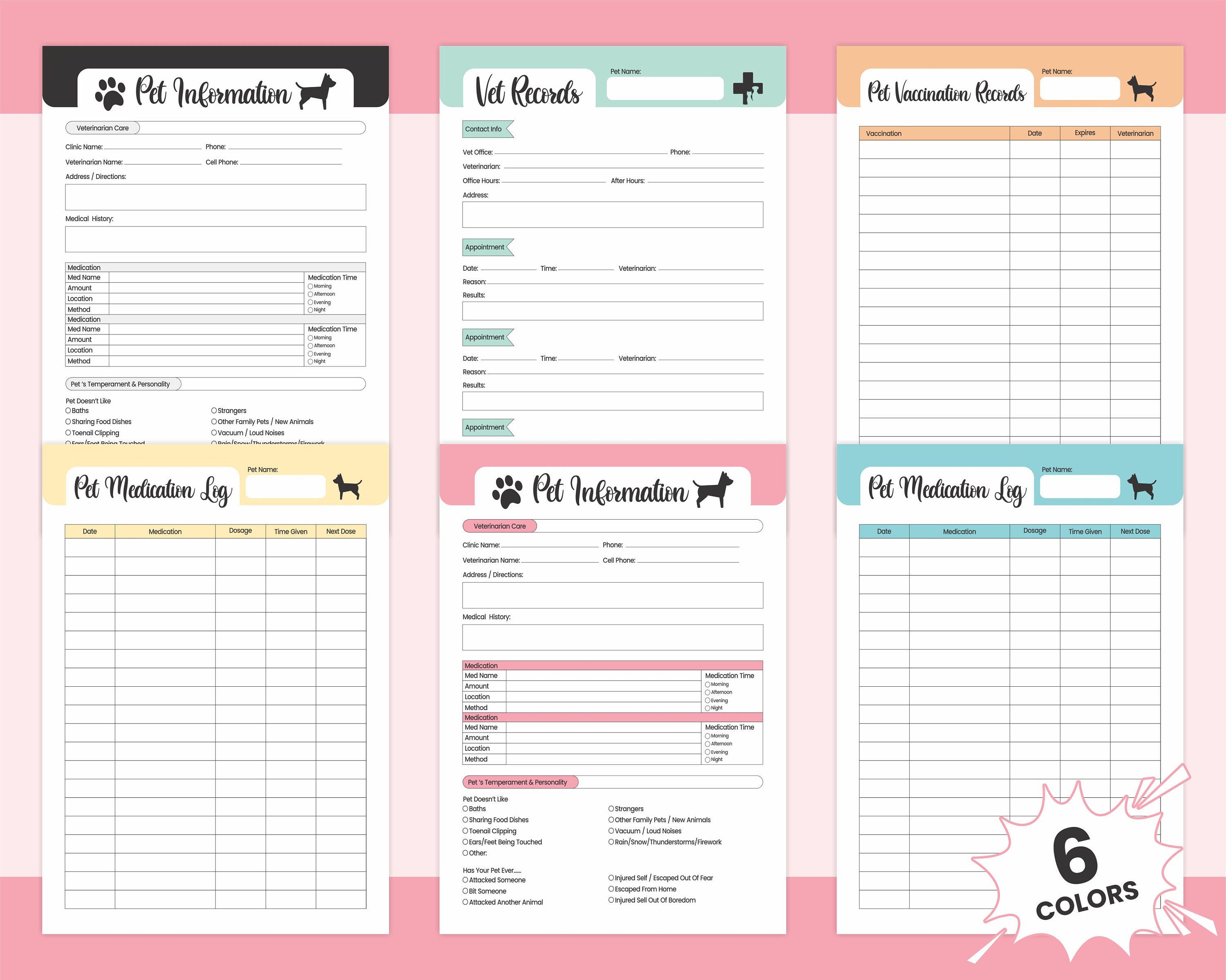 Printable Pet Information Log Pet Vaccination Records,puppy Care ...