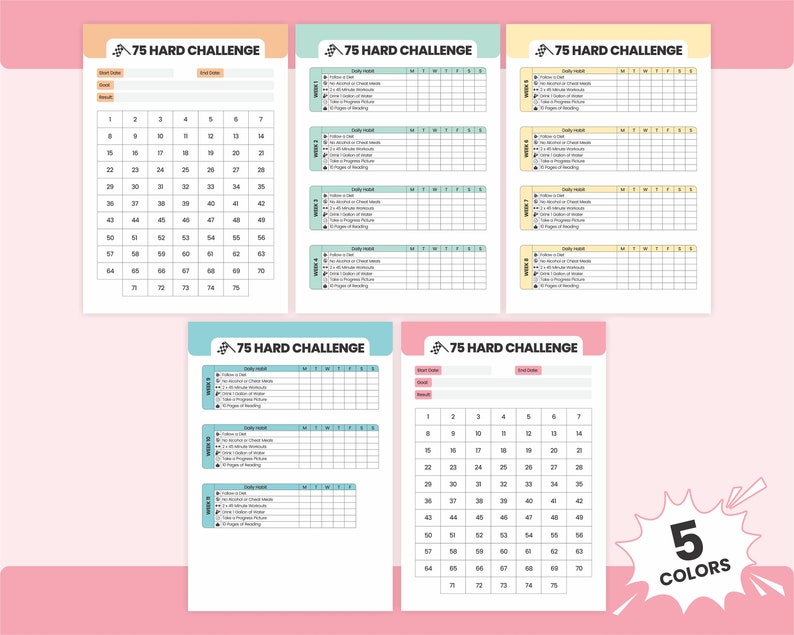 Printable Digital 75 Habit Tracker Checklist Bundle, Weekly Meal and ...