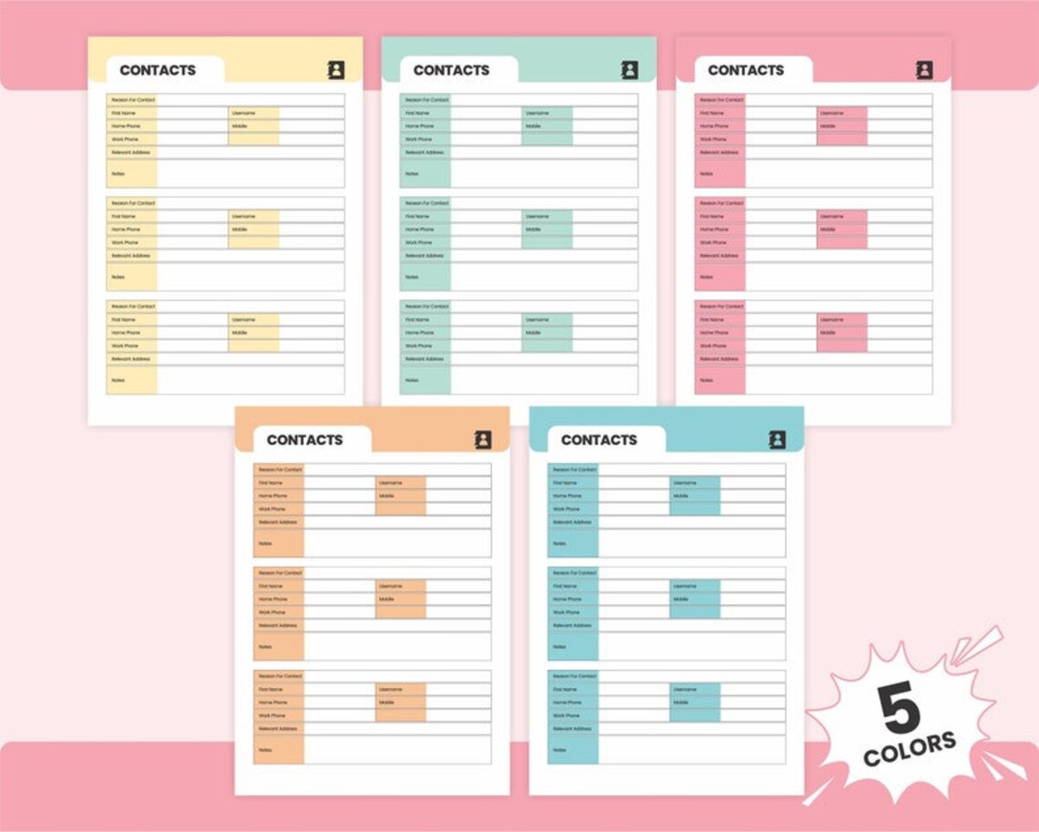 Printable Contact List Template Email Phone Numbers Diary PDF Address ...