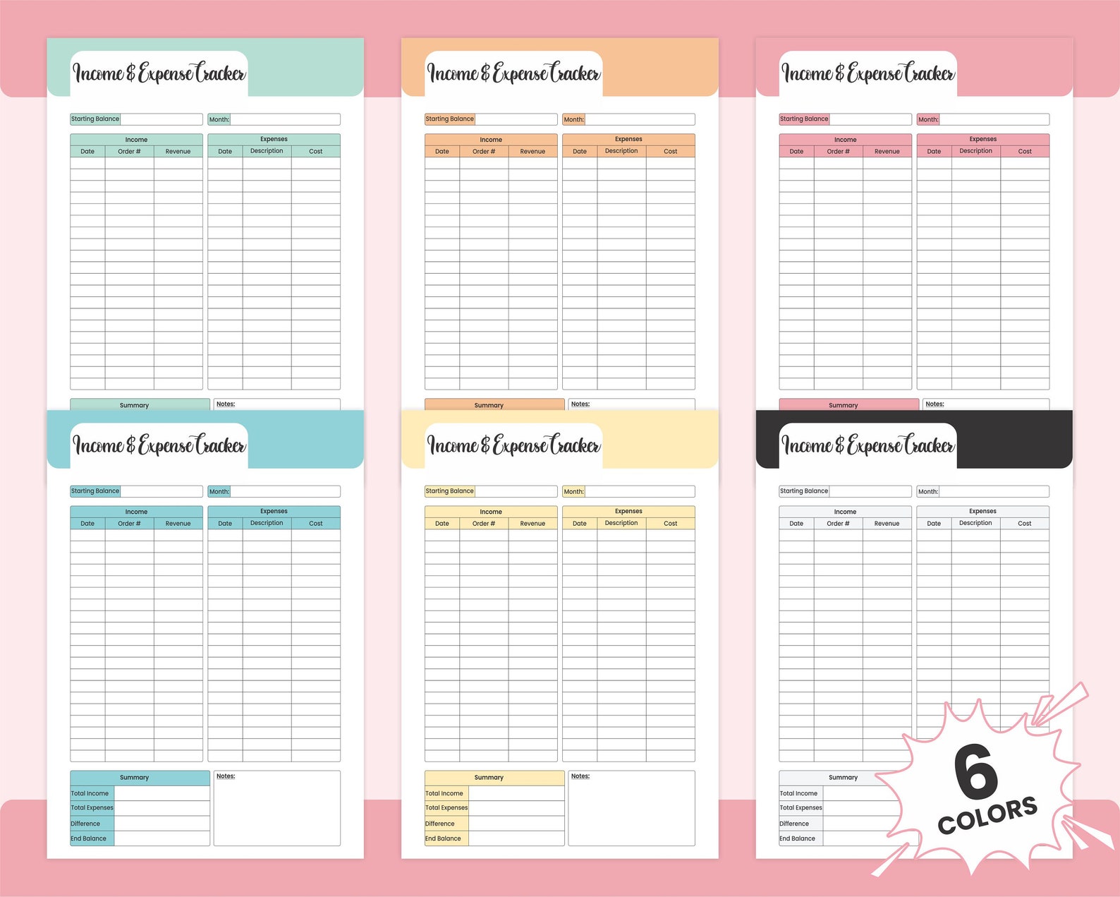 Printable Income and Expense Tracker, A4 & Letter Size, 6 Colors (PDF ...