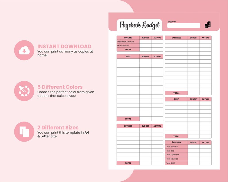 Printable Weekly Paycheck Budget Planner Digital Finance Organizer ...