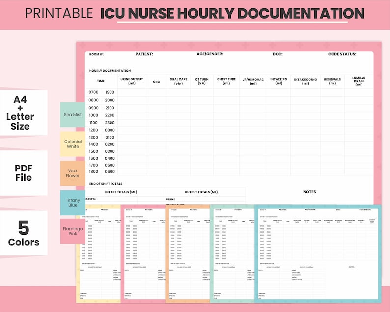 ICU Nurse Hourly Documentation Printable, Nursing Shift Report, Patient ...