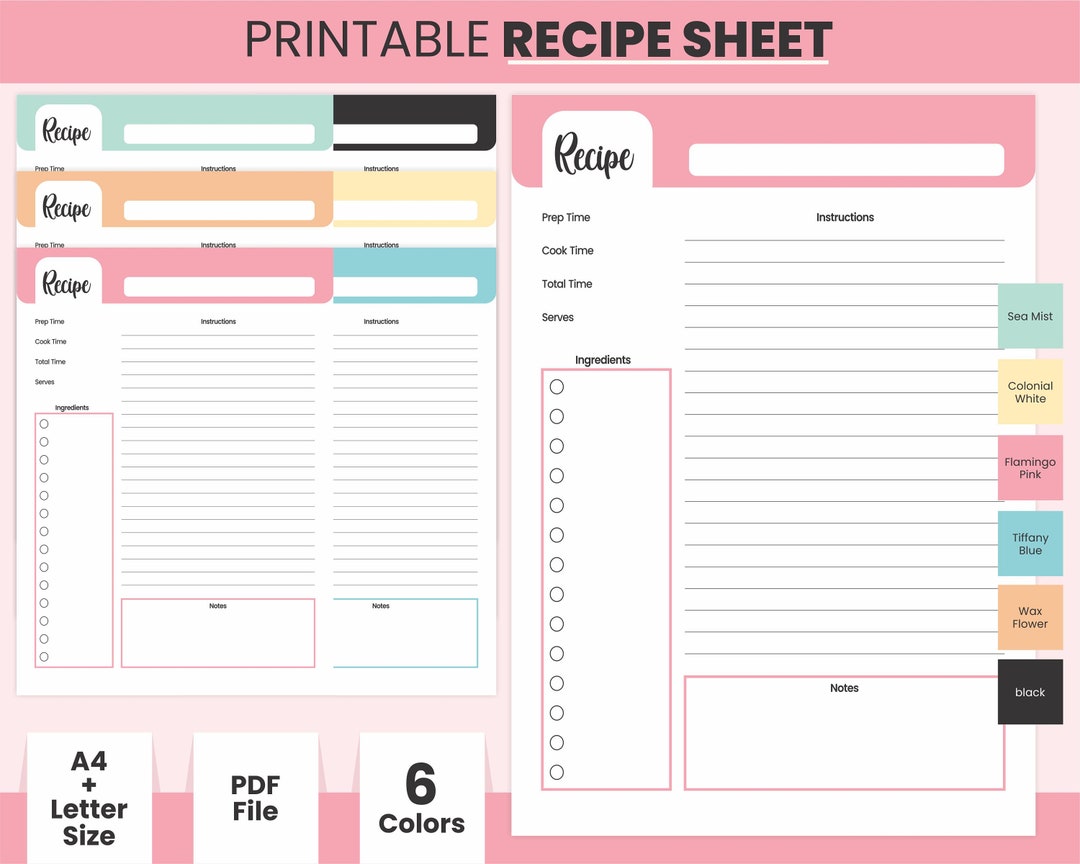 Printable Recipe Template Blank Recipe Page Cooking List Sheet Recipe ...