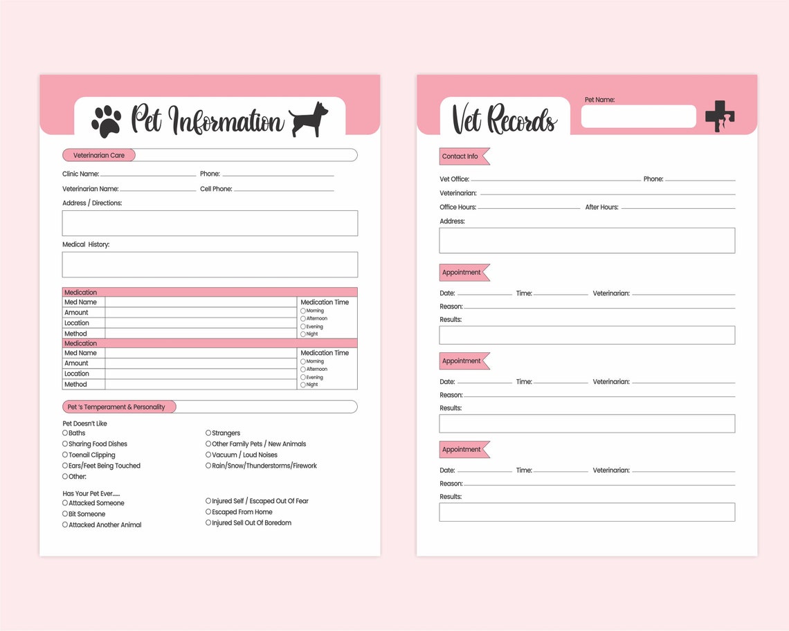 Printable Pet Information Log Pet Vaccination Records,puppy Care ...