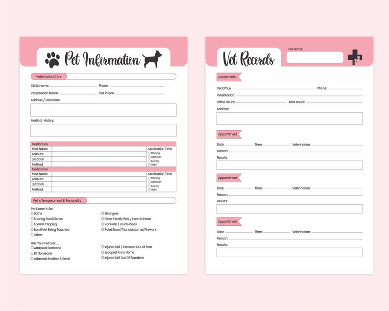 Printable Pet Information Log Pet Vaccination Records,puppy Care ...