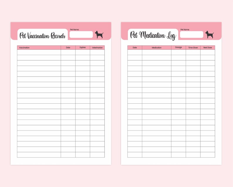 Printable Pet Care Planner, Vaccination Log | Pet Information Form, Dog ...