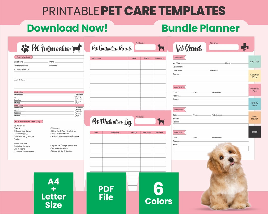Printable Pet Care Planner, Vaccination Log | Pet Information Form, Dog ...