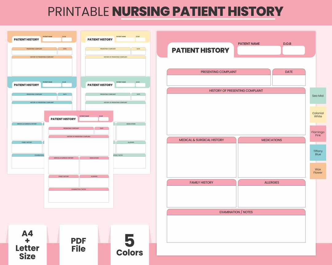 Printable Nursing Patient History Sheet, Student Nurses, Medical School ...