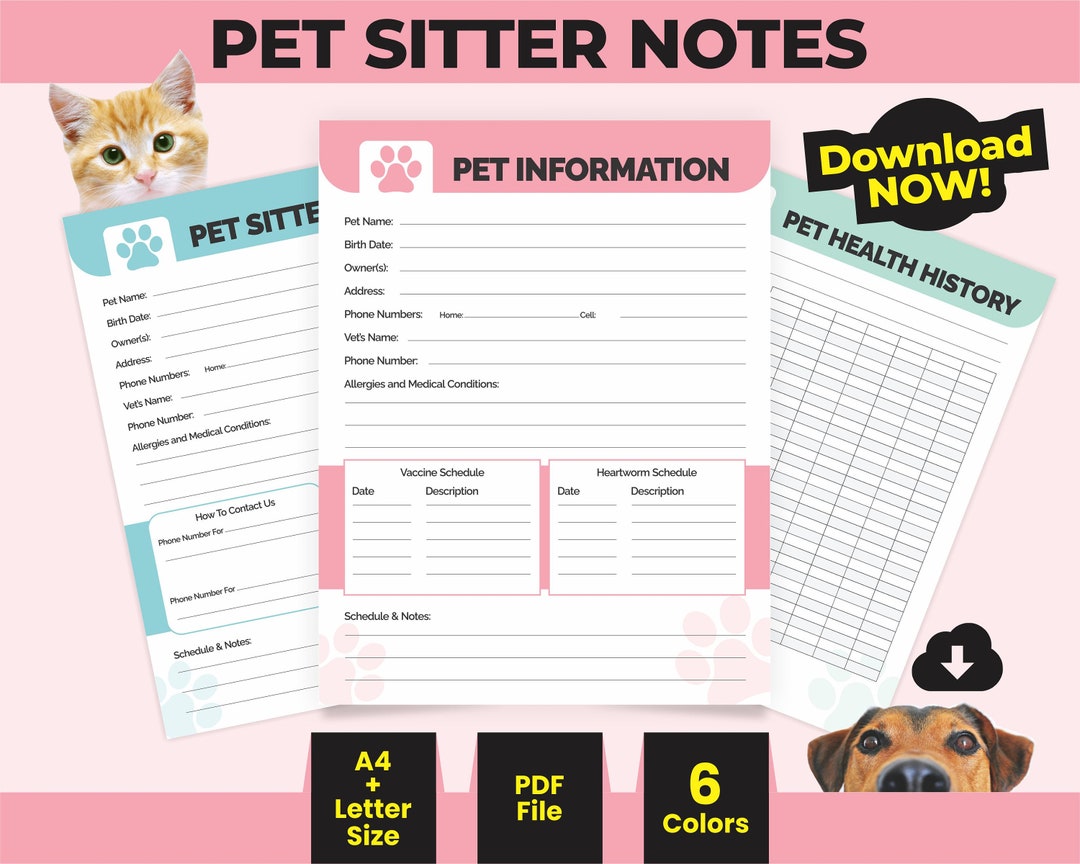 Printable Pet Sitter Notes, Pet Business Cat First Aid Checklist, Pet ...