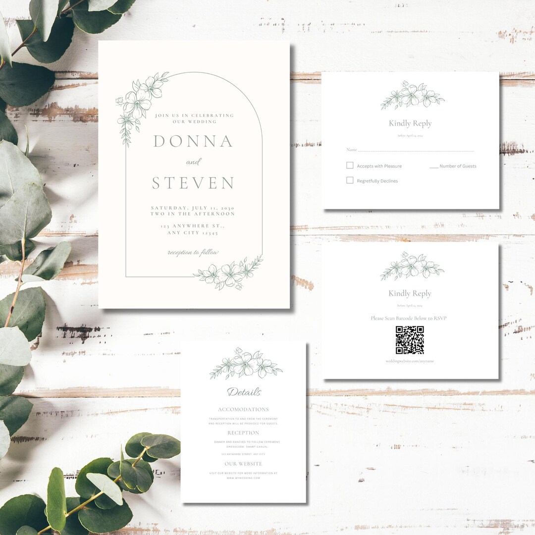 Sage Green Arch Design Wedding Invitation Template, Barcode RSVP Card ...