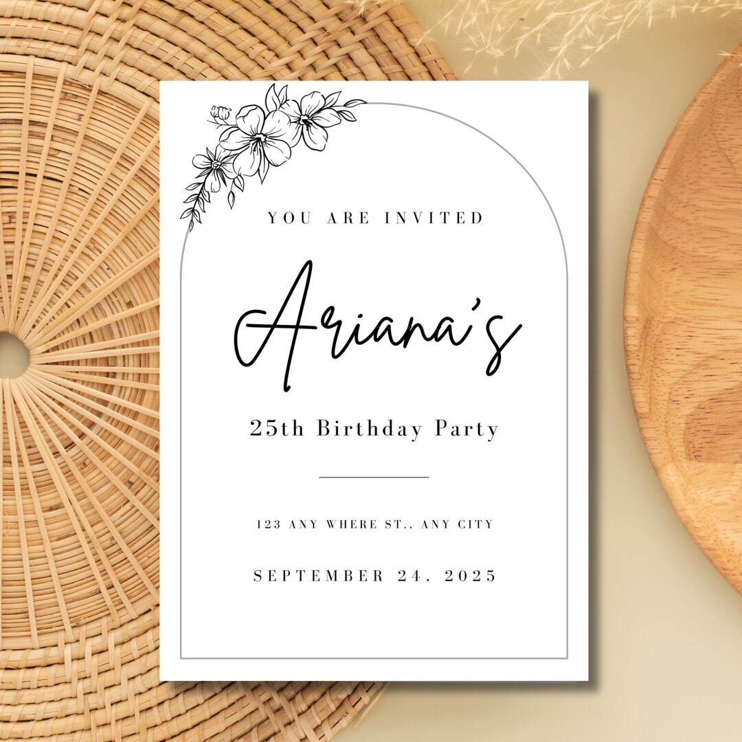 Editable, Minimalist Birthday Party Invitation Template, Black and ...
