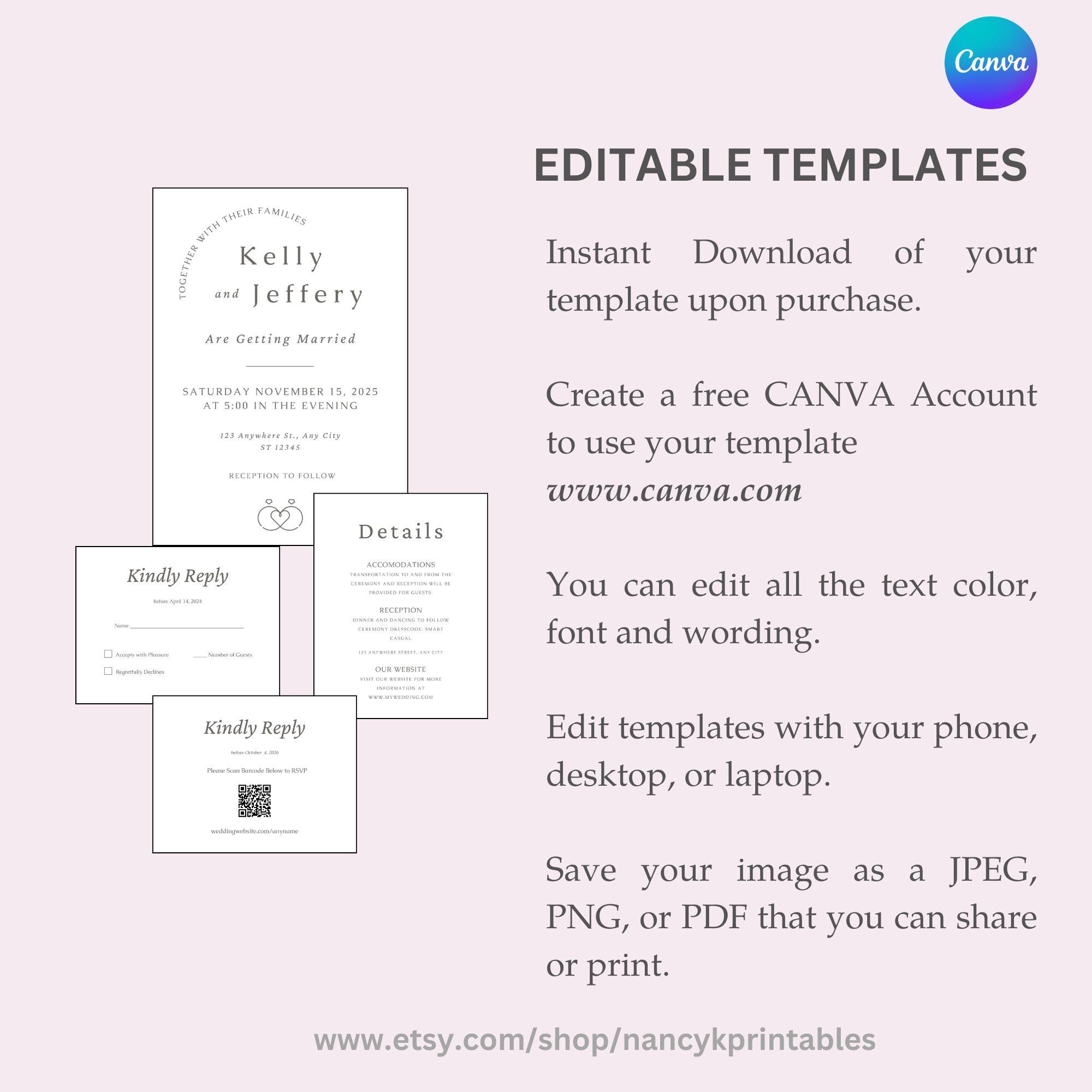 Modern Minimalist Wedding Invitation Template Package, Unique Curved ...