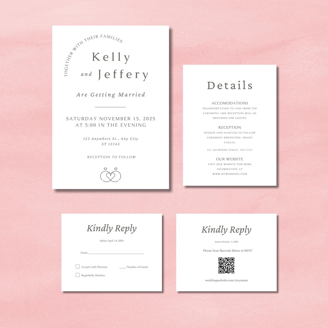 Modern Minimalist Wedding Invitation Template Package, Unique Curved ...