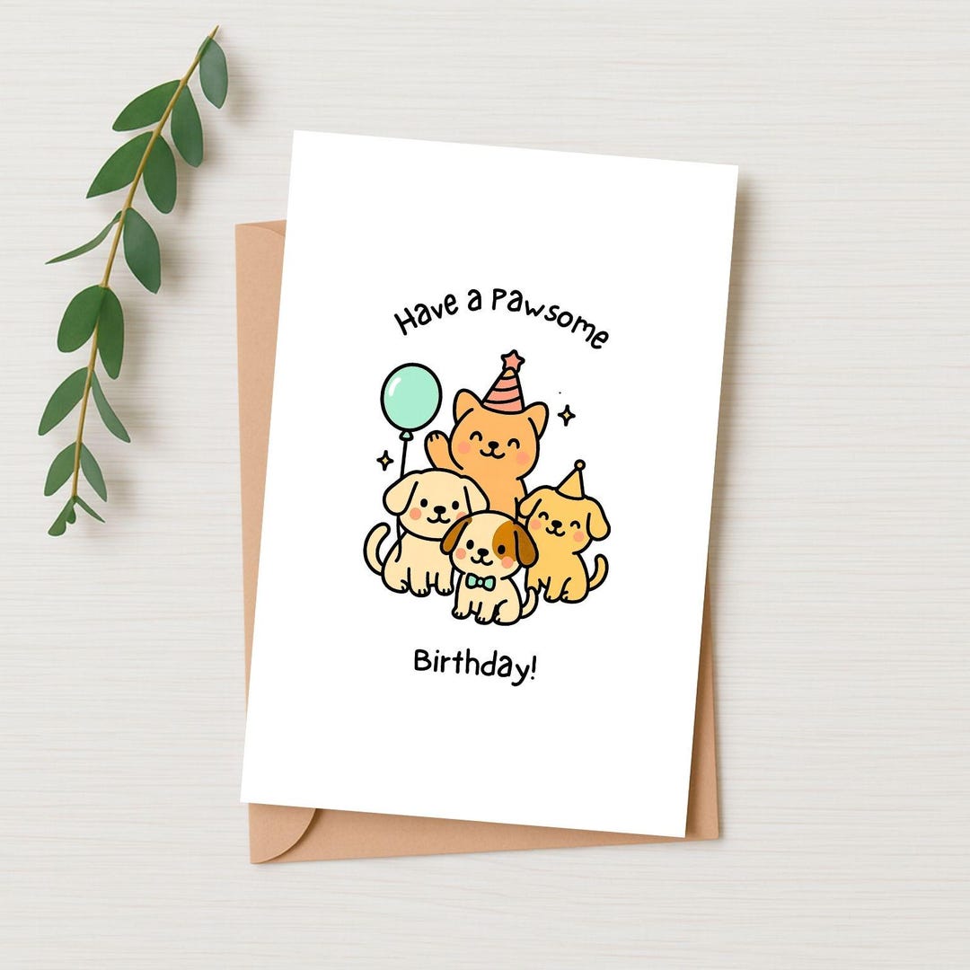 Cute Dog Themed Birthday Card - Pawsome Happy Birthday Card - Digital ...