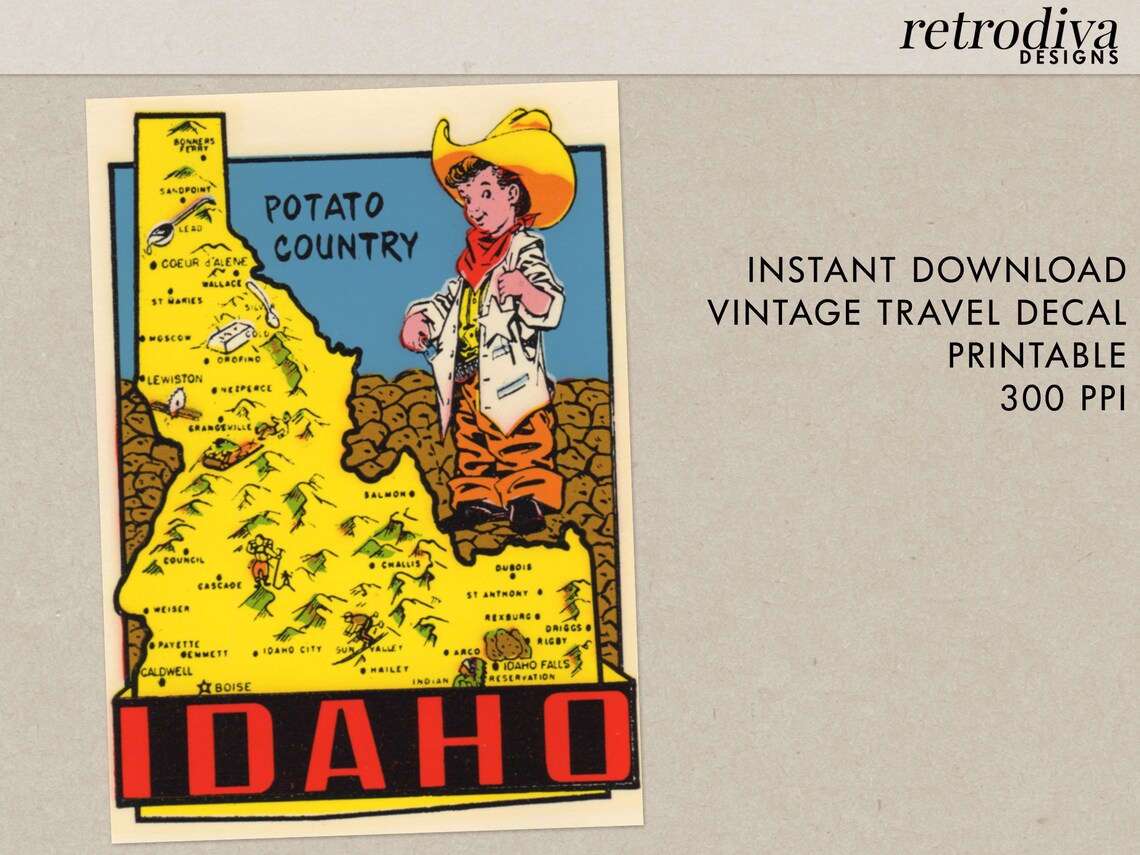 Idaho - Potato Country - ID - Vintage Travel Decal - Instant Download ...