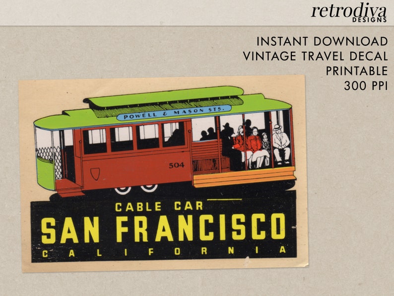 San Francisco - Cable Car - CA - California - Vintage Travel Decal ...