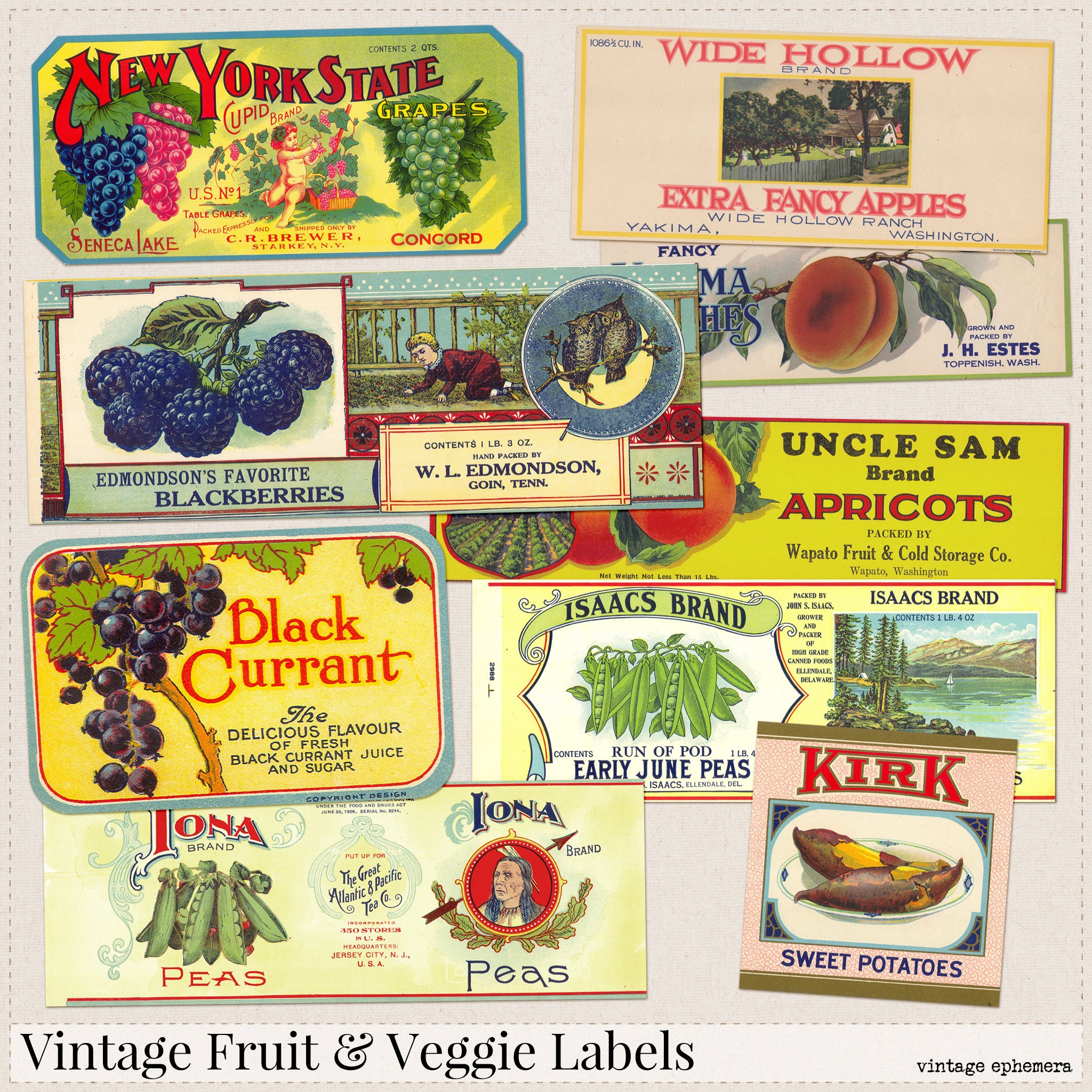 Digital - Vintage Fruit & Veggie Labels - Printable Ephemera for ...