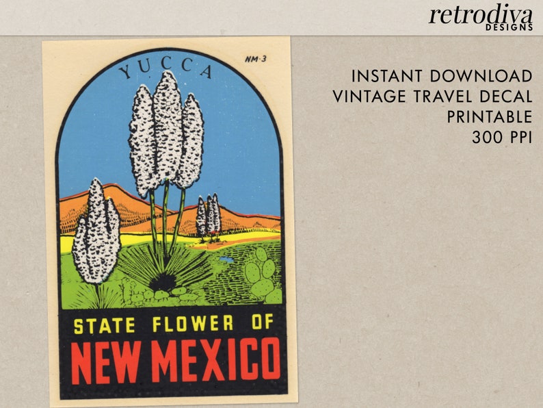 State Flower of New Mexico - NM- Yucca - Vintage Travel Decal - Instant ...