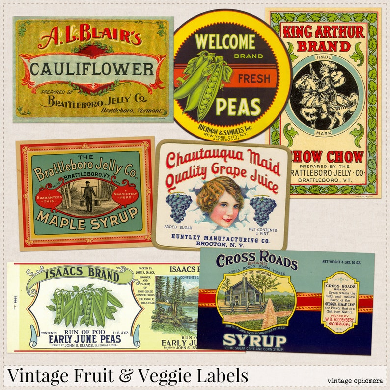 Digital Vintage Fruit & Veggie Labels Printable Ephemera for Scrapping ...