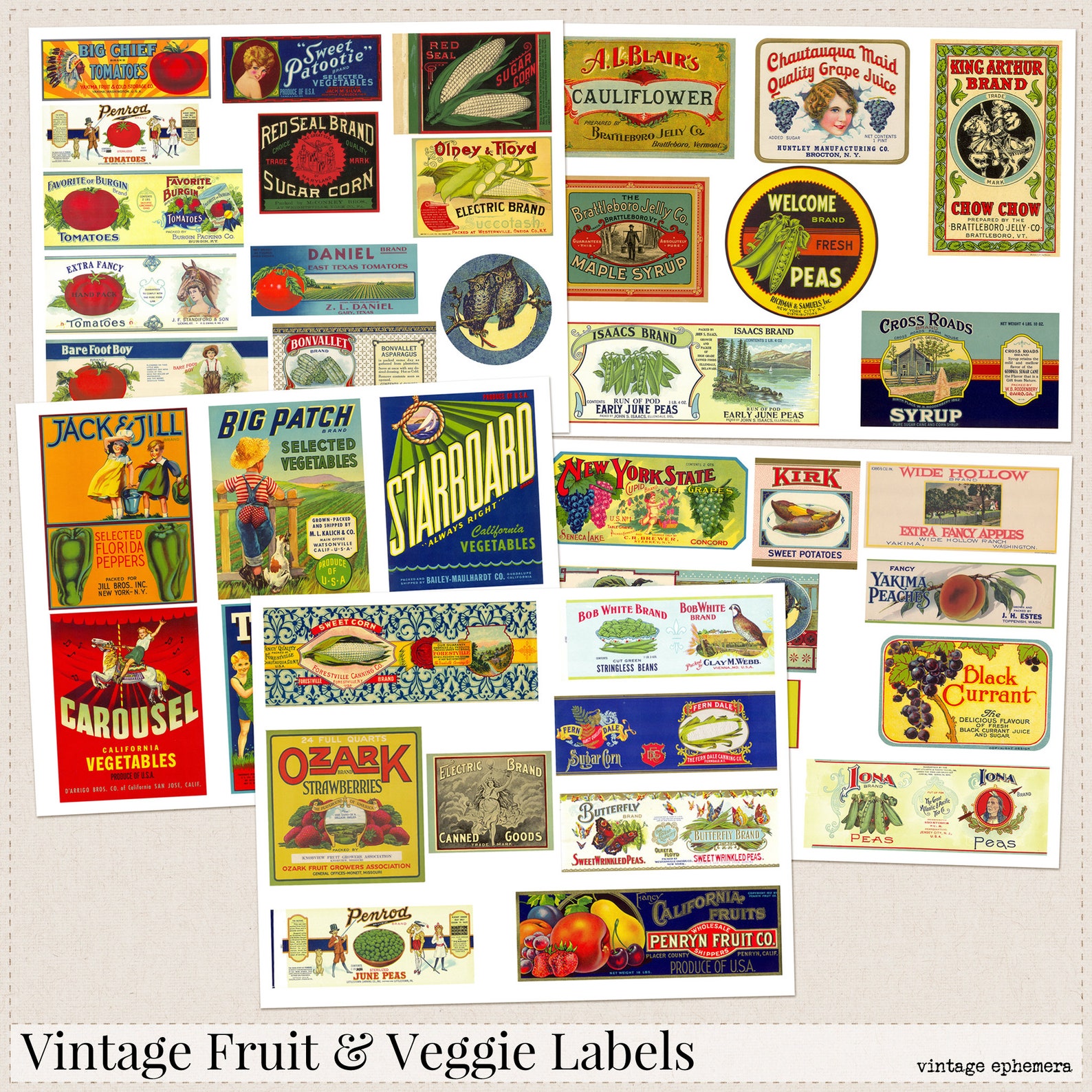 Digital - Vintage Fruit & Veggie Labels - Printable Ephemera for ...