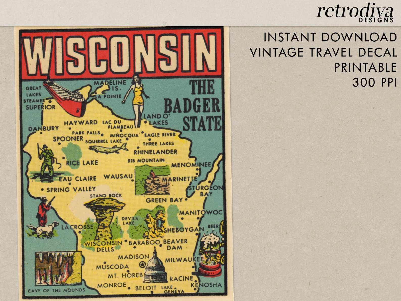 Wisconsin - the Badger State - WI - Vintage Travel Decal - Instant ...