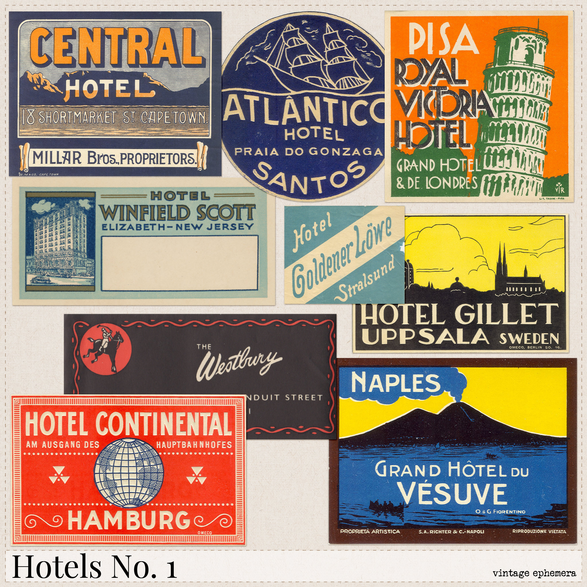 Digital - Vintage Hotel Labels No. 1 - Printable Ephemera for Scrapping ...
