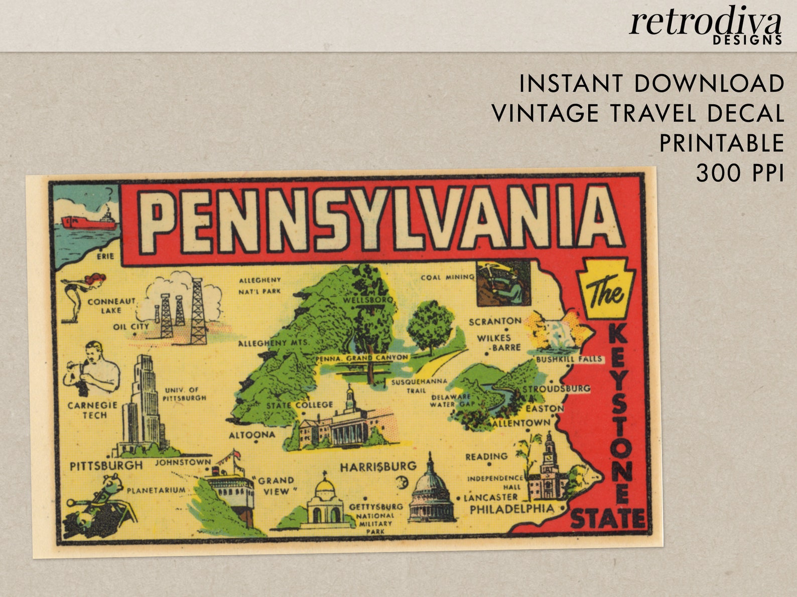 Pennsylvania - the Keystone State - Vintage Travel Decal - Instant ...