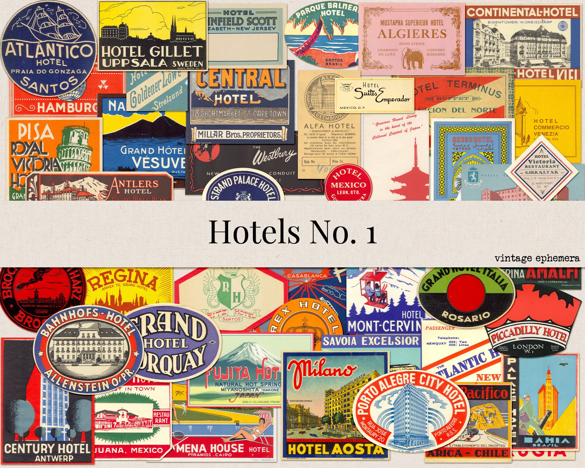 Digital - Vintage Hotel Labels No. 1 - Printable Ephemera for Scrapping ...