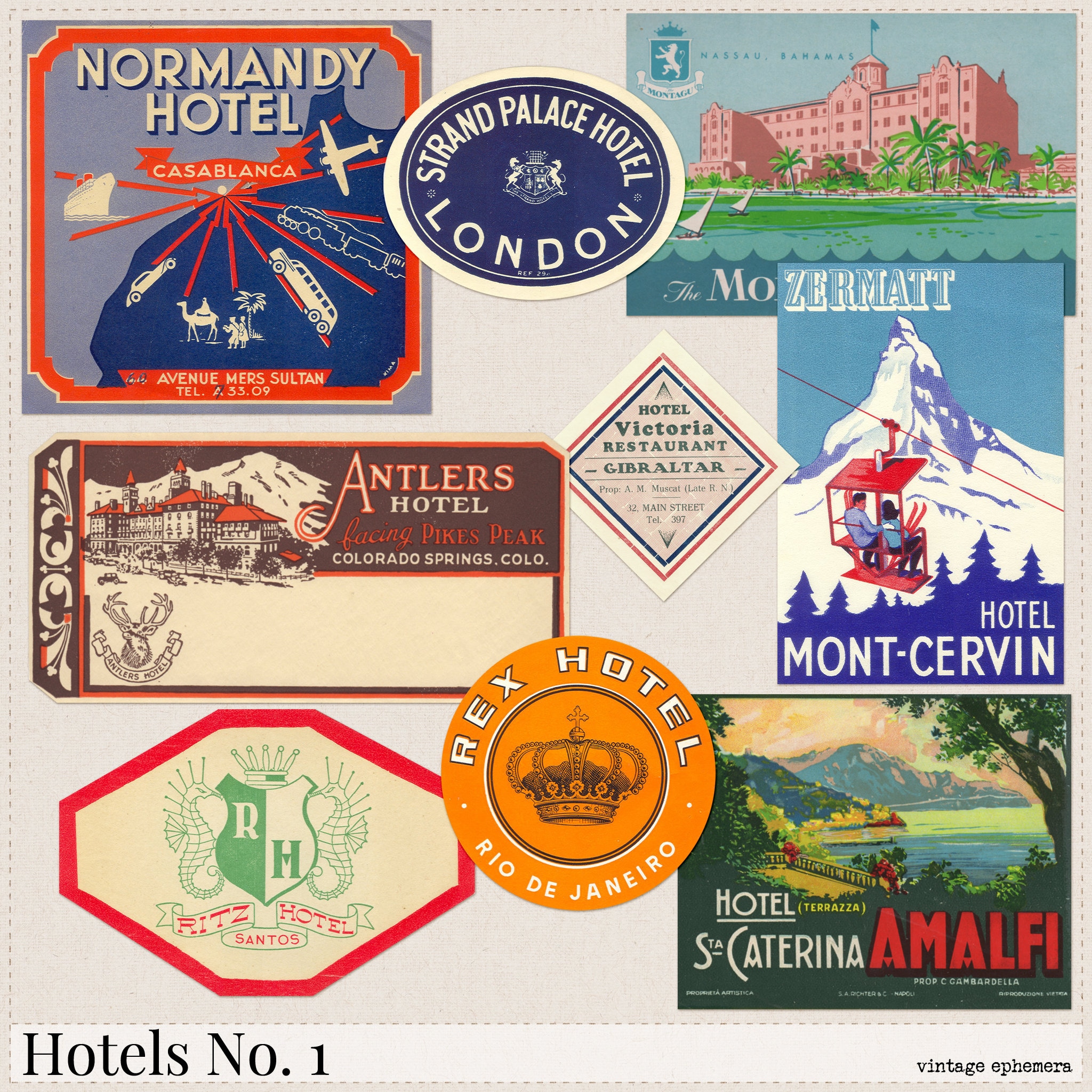 Digital - Vintage Hotel Labels No. 1 - Printable Ephemera for Scrapping ...