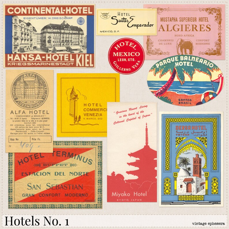 Digital - Vintage Hotel Labels No. 1 - Printable Ephemera for Scrapping ...