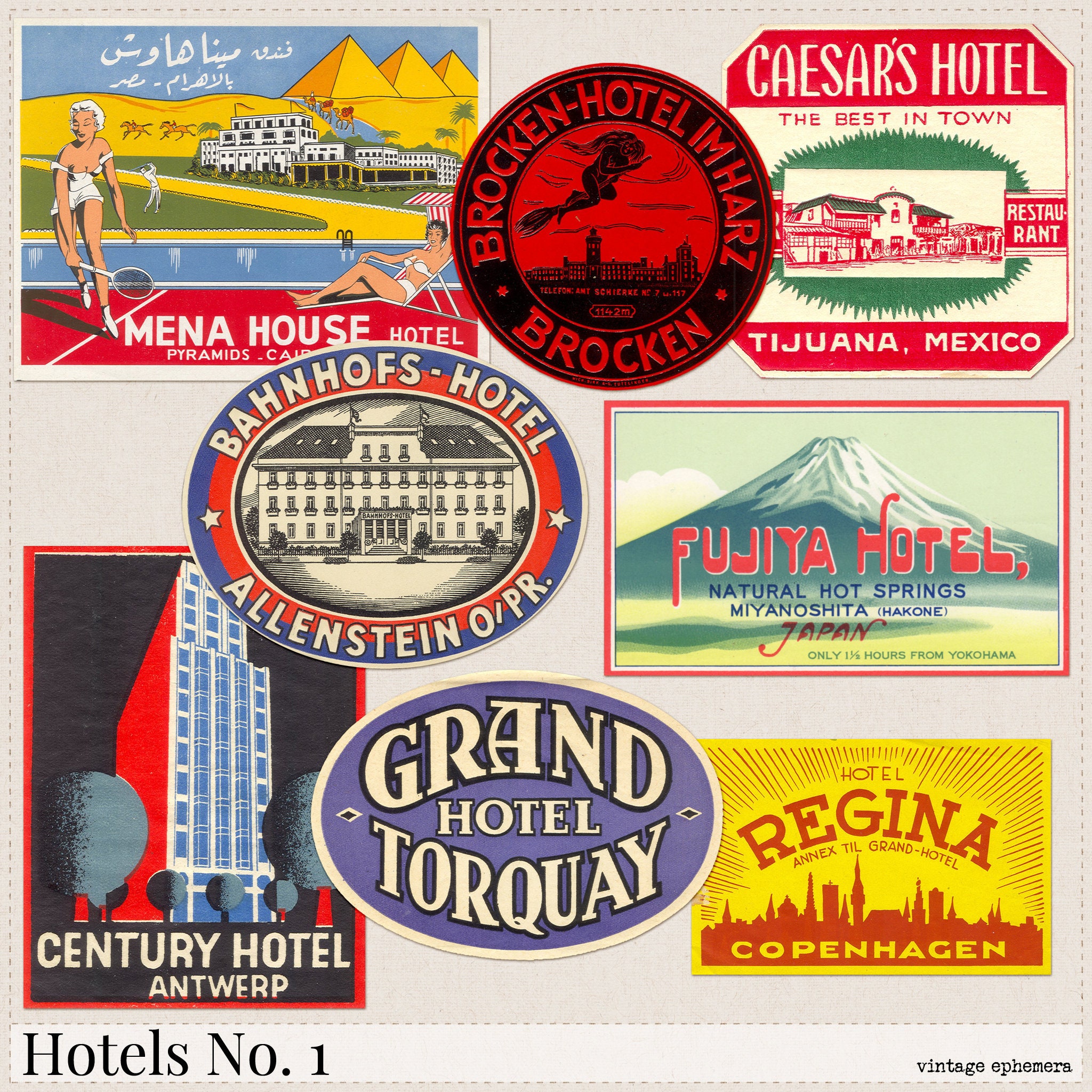 Digital - Vintage Hotel Labels No. 1 - Printable Ephemera for Scrapping ...