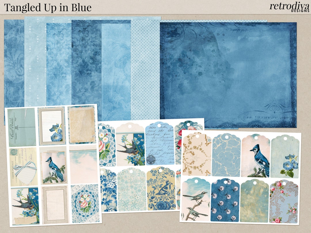 Blue Vintage Junk Journal Kit – Printable Ephemera, Tags, ATC Cards ...